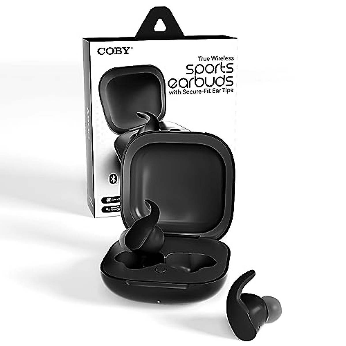 Coby Sports True Wireless Earbuds w/Secure-Fit Ear Tips | in-Ear Headphones Up to 12 Hours Play | Sweat-Resistant | Noise-Isolating | in-Ear Earbuds | Sports Earbuds, Bluetooth Earbuds (Black)