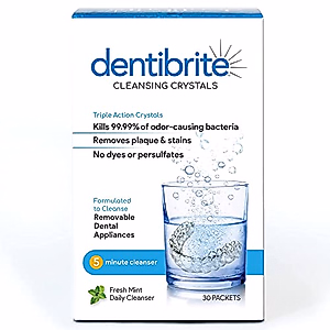 Dentibrite Crystals Cleaner for Removable Dental Appliances - Invisalign Aligners, Retainers, Guards, Dentures, Trays/Aligners - Odor Remover - No Persulfates or Dyes - 30ct - Made in USA