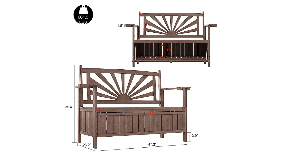 Timechee Outdoor Storage Bench - 47.2" Patio Wooden Loveseat