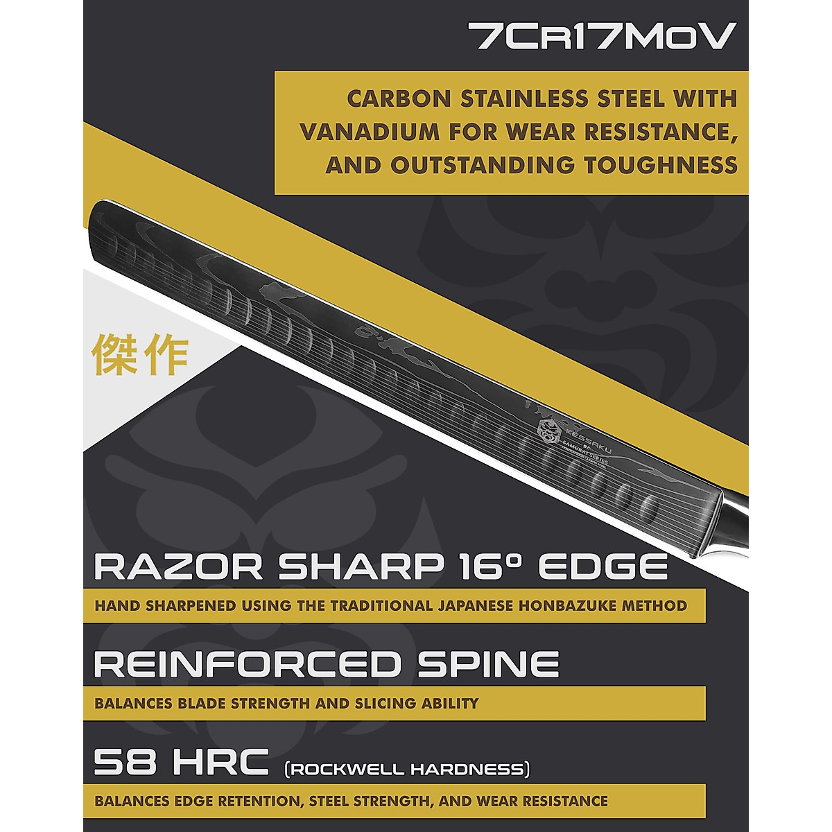 KESSAKU Carving Knife - 12 inch - Samurai Series - Razor Sharp - Granton Edge - Forged 7Cr17MoV High Carbon Stainless Steel - Wood Handle with Blade Guard