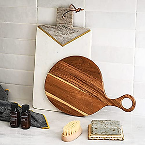 Boho 2-Tone Marble Charcuterie or Cutting Board with Brass Inlay and Leather Tie, Gray and White