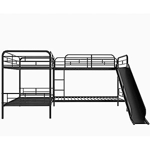 Tulib Twin Size L-Shaped Bunk Bed with Slide, Metal Bunkbed Frame w/Ladder & Safety Guardrail for 4, Bedroom, Home, No Spring Box Needed, Black