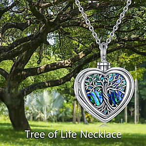 ONEFINITY Tree of Life Urn Necklaces for Ashes Sterling Silver Abalone Shell Tree of Life Locket Necklace That Holds Pictures Heart Cremation Jewelry for Ashes Memory Jewelry for Women Men