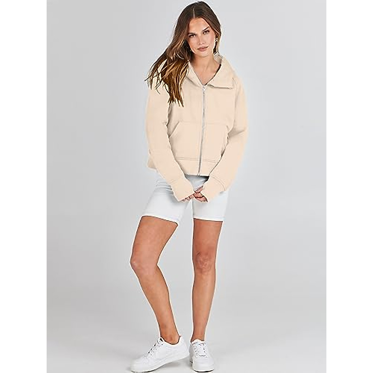 ANRABESS Women's Cropped Hoodies 2023 Fall Plain Jacket Cute Teen Girl Athletic Tops Ribbed Knit Casual Long Sleeve Fleece Sweatshirts Zip Up Hippie Clothes Thumb Hole A1015shenkaqi-S Apricot