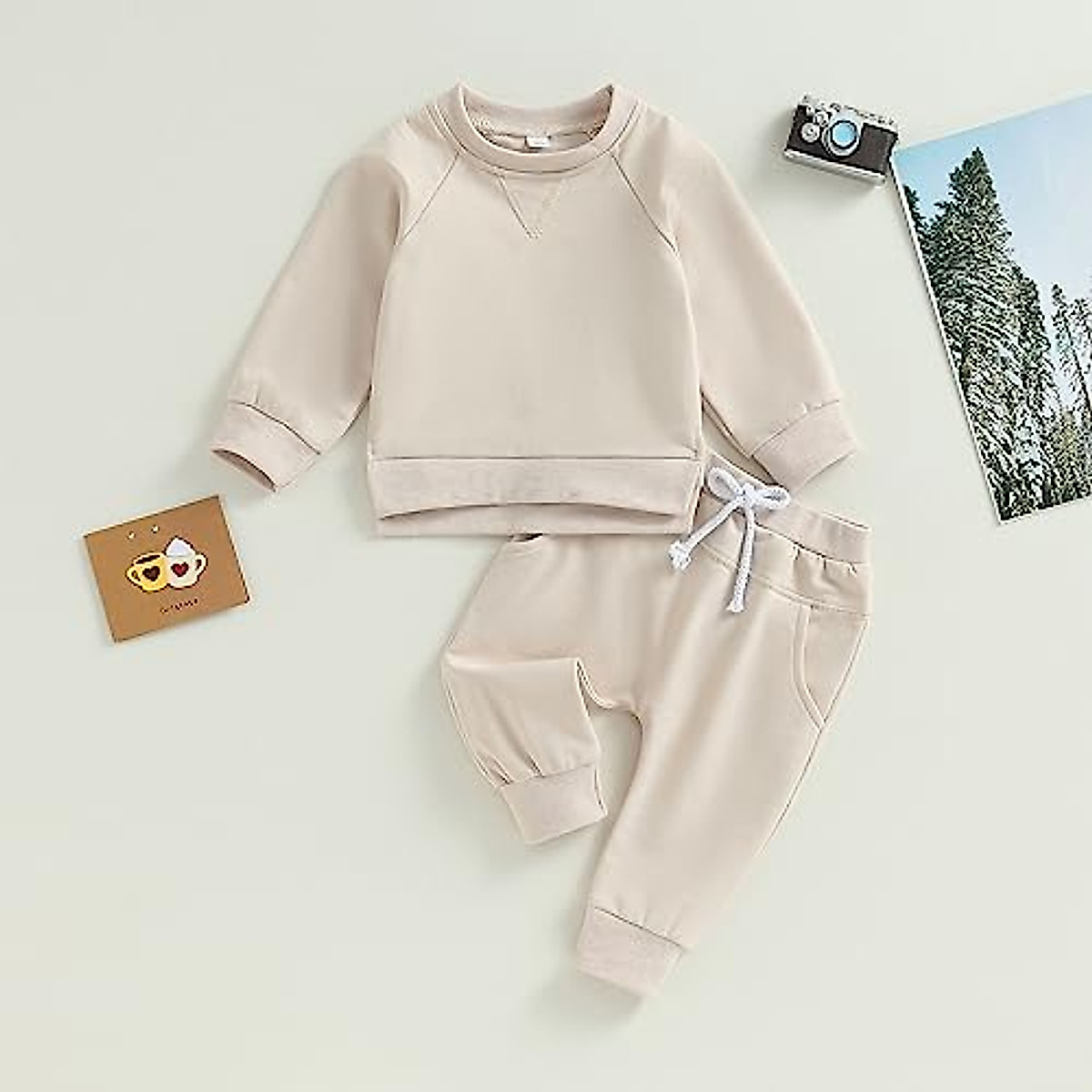 AEEMCEM Baby Boy Girl Clothes Toddler Fall Winter Outfits Solid Color Crewneck Sweatshirt and Jogger Pants Set (A-Beige, 2-3 Years)