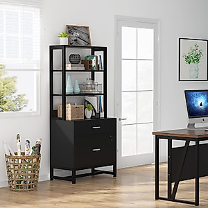 Tribesigns 2 Drawer Vertical File Cabinet with Lock & Bookshelf, Letter Size Large Modern Filing Cabinet Printer Stand with Open Storage Shelves for Home Office, Black