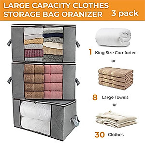 3 Pack, 80L, Large Capacity Clothes Storage Bag Organizer with Reinforced Handle Thick Fabric for Comforters, Blankets, Bedding, Foldable with Sturdy Zipper, Clear Window