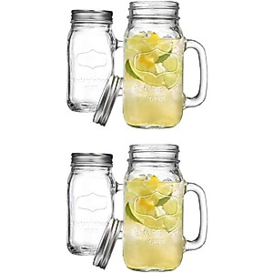 Mason Glass Drinking Mugs w Handle & Tin Lids (set of 4) Gift Idea With Embossed Established Date Logo,For Coffee,Juice, Punch, Dessert, Small Cakes, or Any Beverage 16oz. Comes Perfectly Boxed