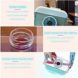 ORIJOYNA 13 oz Cute Water Bottle with Straw - Camera Shape Water Cup with Adjustable Shoulder Straps - Ideal Kawaii Gift for School (Blue)