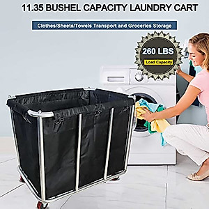 Laundry Cart,Industrial Commercial Large Rolling Laundry Cart Dirty Clothes Bin with Wheels,Heavy Duty Canvas Hamper,11.5 Bushel,260LBS Load Laundry Cart (Black)