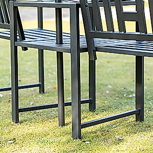 Outsunny Tete-a-Tete Outdoor Bench with Center Table & Umbrella Hole, Garden Bench for 2-Person, Metal Frame Patio Loveseat with Armrest, Slatted Backrest and Seat, Black