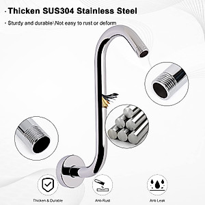 HarJue S Shaped Shower Arm, High Rise Shower Head Extension Pipe Standard 1/2" Connection with Flange, Awesome Shower Experience-Stainless Steel Bathroom Accessory(10 Inch S Shape, Chrome Finish)