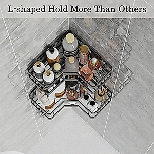 Corner Shower Caddy No Drilling,Shower Organizer Corner,Strong Adhesive Shower Shelves,Metal Bathroom Organizer Shower with Hooks,Shower Wall Caddy Waterproof,Rustproof Black 2 Pack