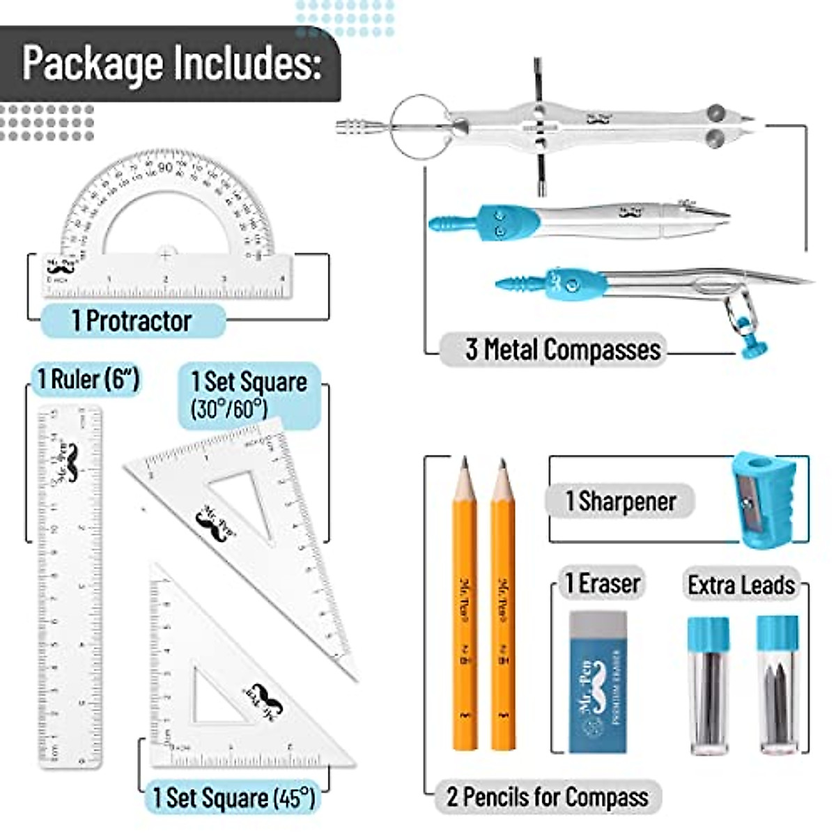 Mr. Pen- Geometry Set, 13 pcs, Compass for Geometry, Protractor Set, Geometry Kit Set with Shatterproof Storage Box, Geometry Kit, Drawing Tools, Drafting Set, Drafting Tools & Drafting Kits (Blue)