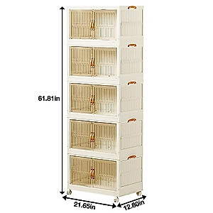 pupustar Storage Bins with Lids and Doors, Plastic Stackable Storage Bins Open Front, Foldable Storage Boxes for Organizing, Collapsible Storage Bins with Wheels, Opening Storage Boxes Set