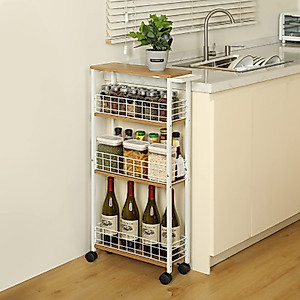 LUMAMU Slim Storage Cart for Small Spaces, 4 Tier Mobile Rolling Cart with Wheels Slide Out Storage Utility Shelves Cart with Wooden for Kitchen Bathroom (White)