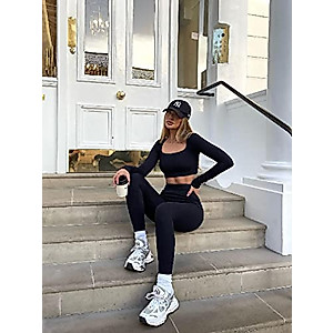 OQQ Women's 2 Piece Crop Top Ribbed Seamless Workout Exercise Long Sleeve Crop Tops Black Beige