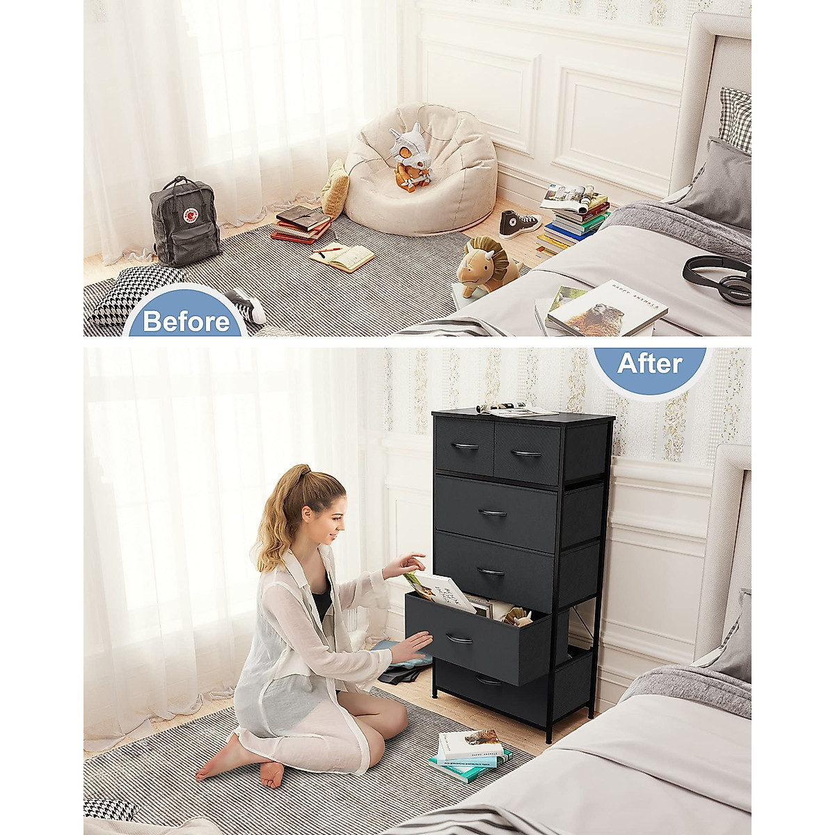 Crestlive Products Vertical Dresser Storage Tower - Sturdy Steel Frame, Wood Top, Easy Pull Fabric Bins - Organizer Unit for Bedroom, Entryway, Closets - 6 Drawers (Black)