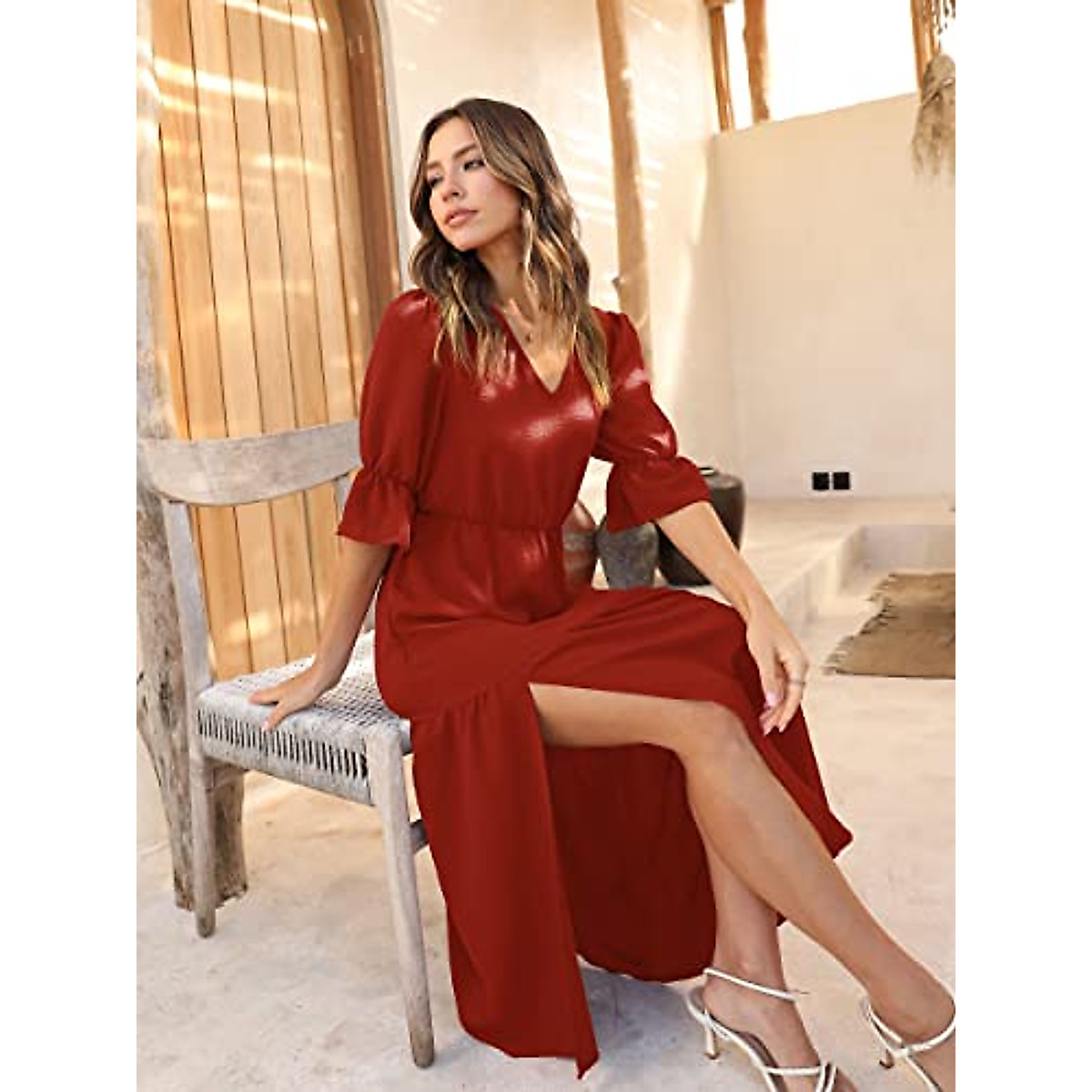 OFEEFAN Midi Dresses for Women Summer Casual Smocked Dress Flowy V Neck Dress Long Burgundy M