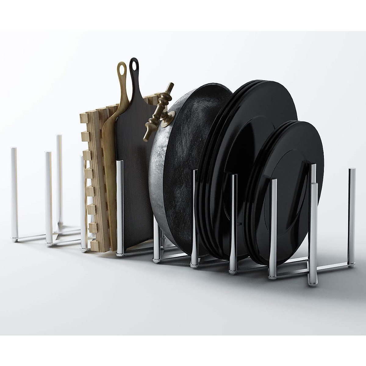 brightmaison BGT Stal Pots and Pans Organizer for Cabinet, Pot Lid & Plate Holder Adjustable Kitchen Organization Unit Stainless Steel 8 sectional