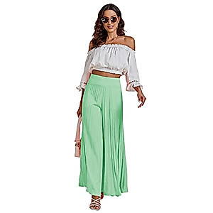 LYANER Women's Elastic High Waisted Wide Leg Palazzo Pants Loose Casual Pleated Trousers Green X-Large