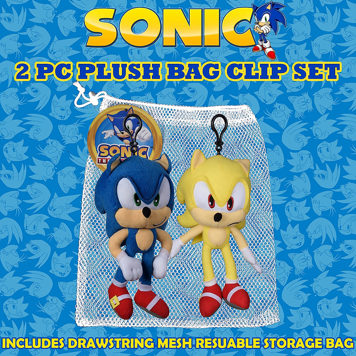AI ACCESSORY INNOVATIONS Sonic The Hedgehog Sonic & Super Sonic Plush 8" Bag Clip Set, Toys for Kids, Toddler, & Preschoolers, 2 Pc