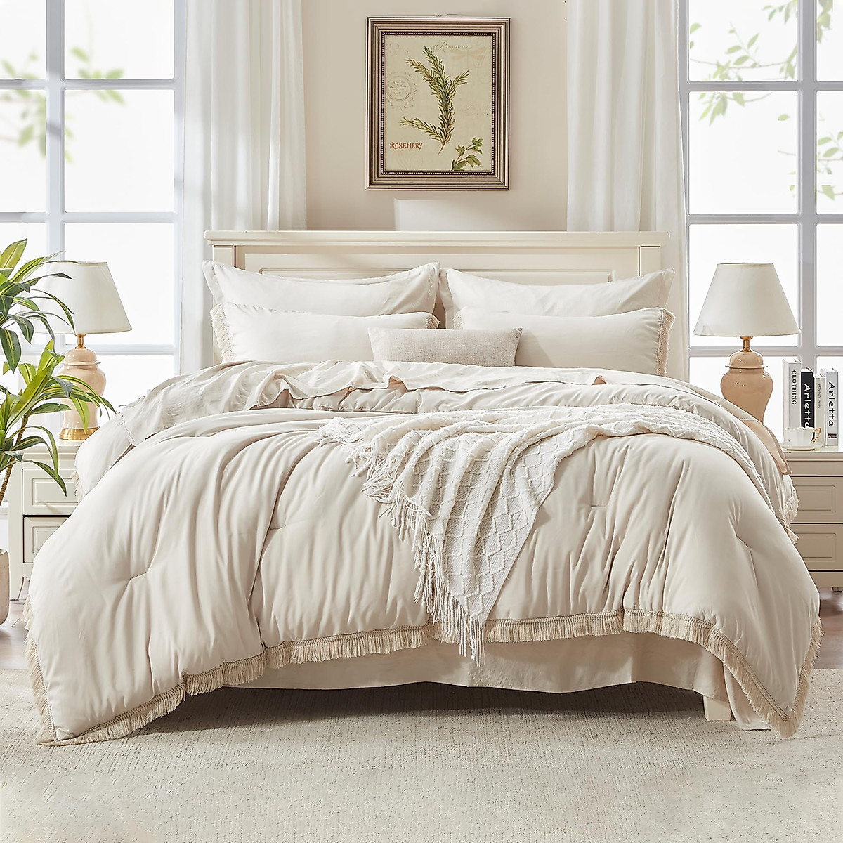 Andency Queen Comforter Set with Sheets Beige -7 Pieces Boho Tassel Bed in a Bag Soft Lightweight Bedding Sets, All Season Fringe Bed Set with Comforter, Sheets, Pillowcases & Shams