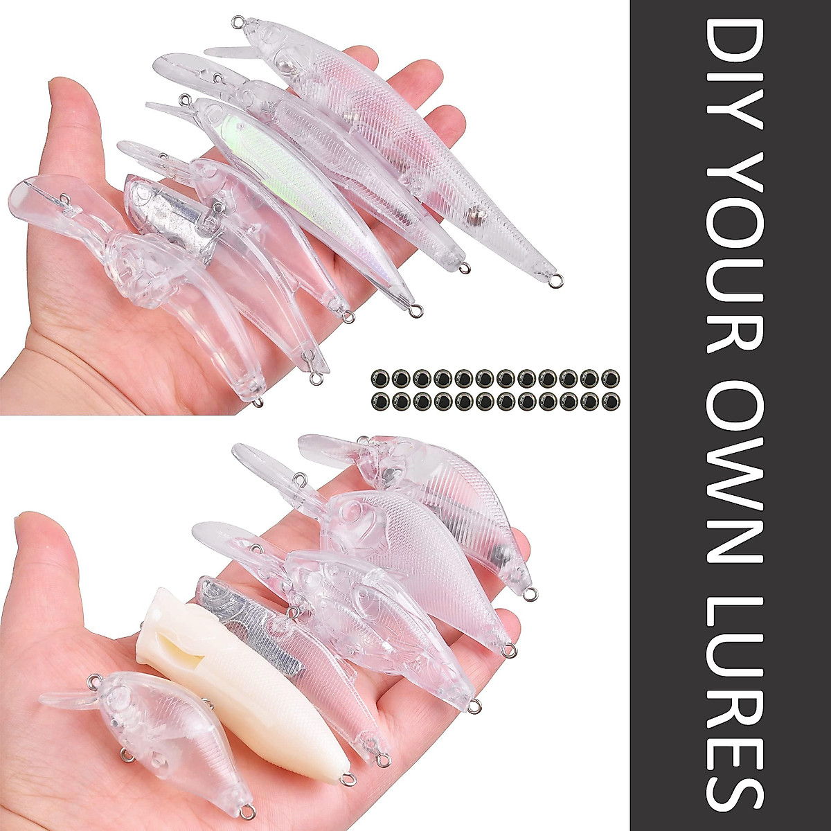 Unpainted Fishing Lures Crankbait Blanks Hard Lures Kit with 3D Eyes Blank Fishing Lure Making Kit Lipless Crankbait Minnow Popper Jerkbait VIB Clear Bodies