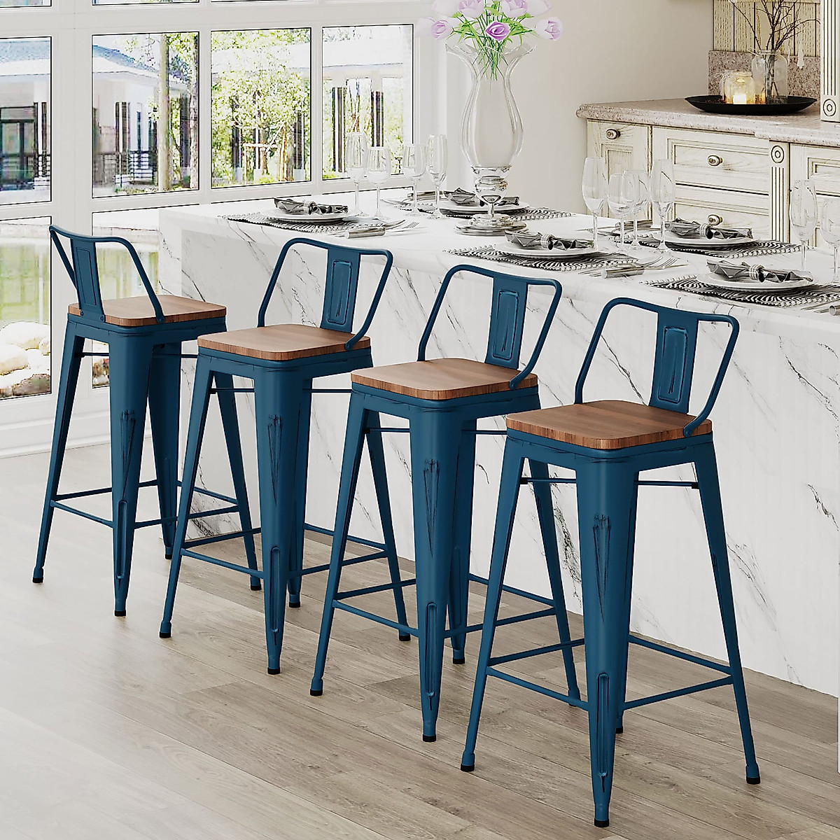 Andeworld Bar Stools Set of 4 Counter Height Stools Industrial Metal Barstools with Wooden Seats(24 Inch, Distressed Navy)