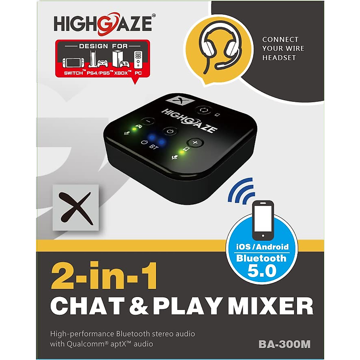 HIGHGAZE Bluetooth Chat & Play Audio Mixer Accessory for Switch Game Streaming with Smartphone & PS4 PS5 or Xbox, Discord, Voice call to Headset with aptX Audio, Adjust Game Volume Balance