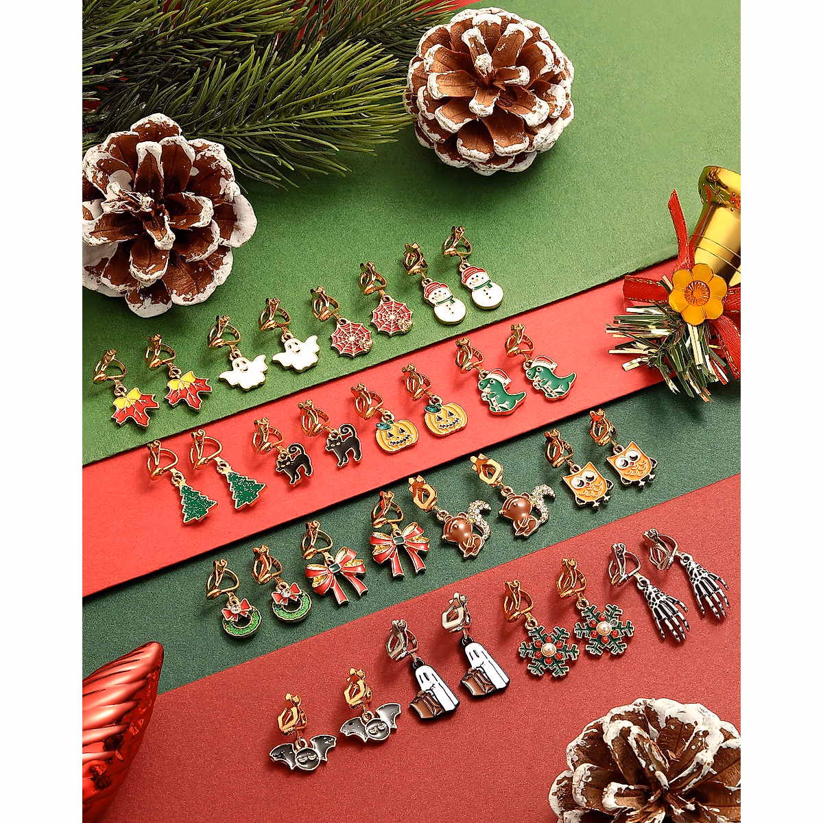 16Pairs Halloween Christmas Clip on Earrings Dangle for Women Teen Christmas Tree Snowflake Snowman Spooky Ghost Pumpkin Bat Cat Squirrel Maple Leaf Thanksgiving Fall Earrings Holiday Jewelry (Holiday Earrings)