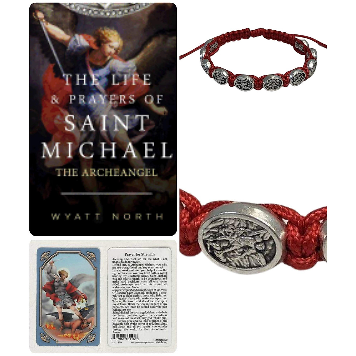 20th Street Products Saint Michael- Red- Slipknot Adjustable Bracelet plus The Life and Prayers of Saint Michael The Archangel book and Saint Michael Laminated Prayer Card