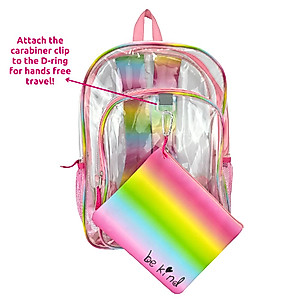 CLUB LIBBY LU Rainbow Clear Backpack for School, 16 inch Stadium Approved Transparent Bag with Matching “Be Kind” Pencil Pouch, 3 Piece Set