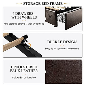 SHA CERLIN Upholstered King Platform Storage Bed Frame with 4 Drawers, Adjustable Headboard with Faux Leather Diamond Button Tufted Design, Wooden Slat Support, No Box Spring Needed, Black Brown