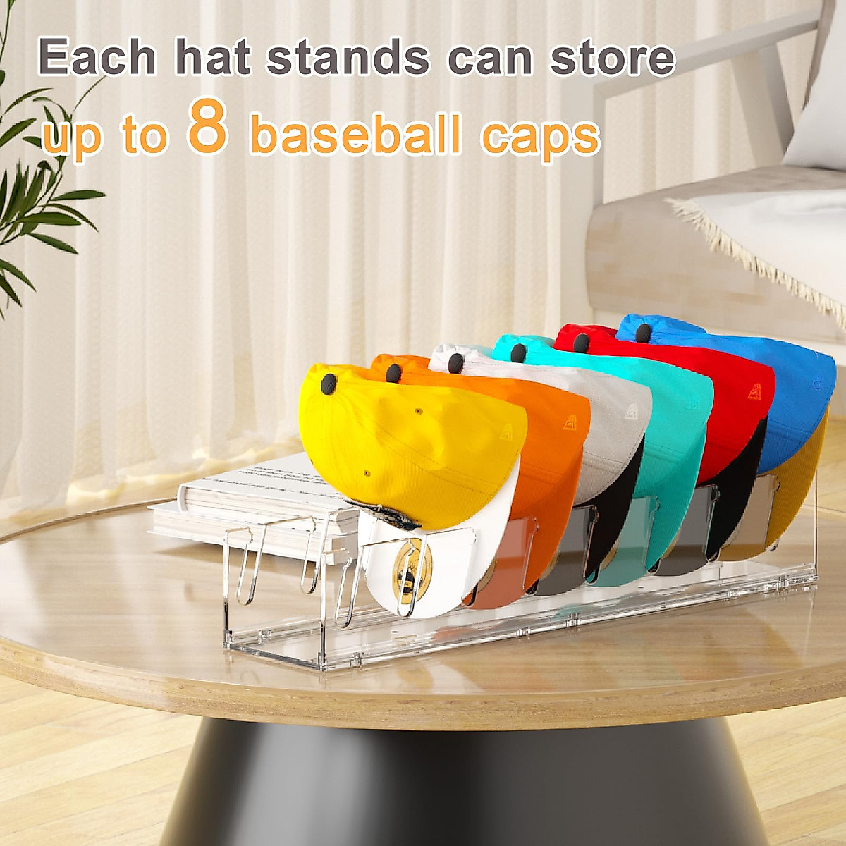 Meeenmiil Hat Organizer for Baseball Caps 2 Pack, Anti-slip Hat Stand for 16 Baseball Caps, Hat Racks for Baseball Caps Storage and Display Hat Holder for Bedroom, Closet, Dresser (Clear)