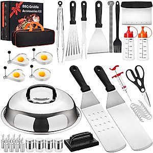 Blackstone Griddle Accessories Tool Kit, AIKWI 47-Piece Flat Top Grill Commercial Grade Set with Enlarged Spatula, Basting Cover, Scraper, Scissors, Tongs for Outdoor BBQ