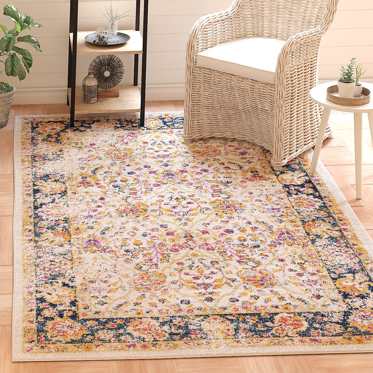 SAFAVIEH Madison Collection Area Rug - 8' x 10', Cream & Navy, Oriental Boho Chic Distressed Design, Non-Shedding & Easy Care, Ideal for High Traffic Areas in Living Room, Bedroom (MAD609D)