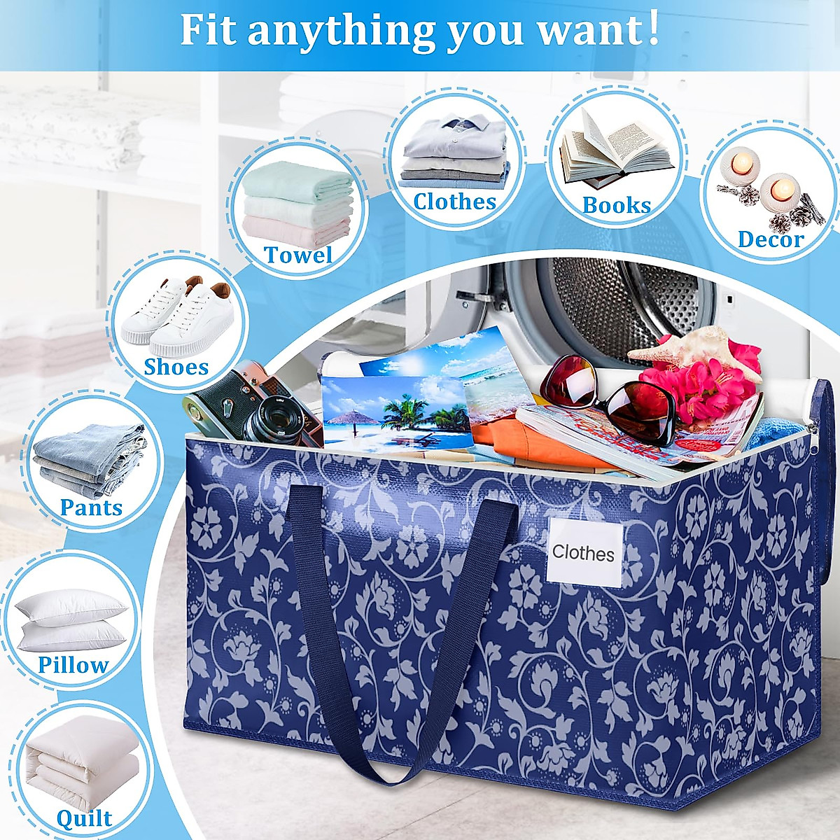 HomeHacks Moving Bags, Extra Large Size Moving Boxes, Heavy Duty Luggage Bags with Smooth Zipper and Sturdy Handles, Large Capacity & Easy Loading Storage Totes for Space Saver 88L, 6-Pack, Blue