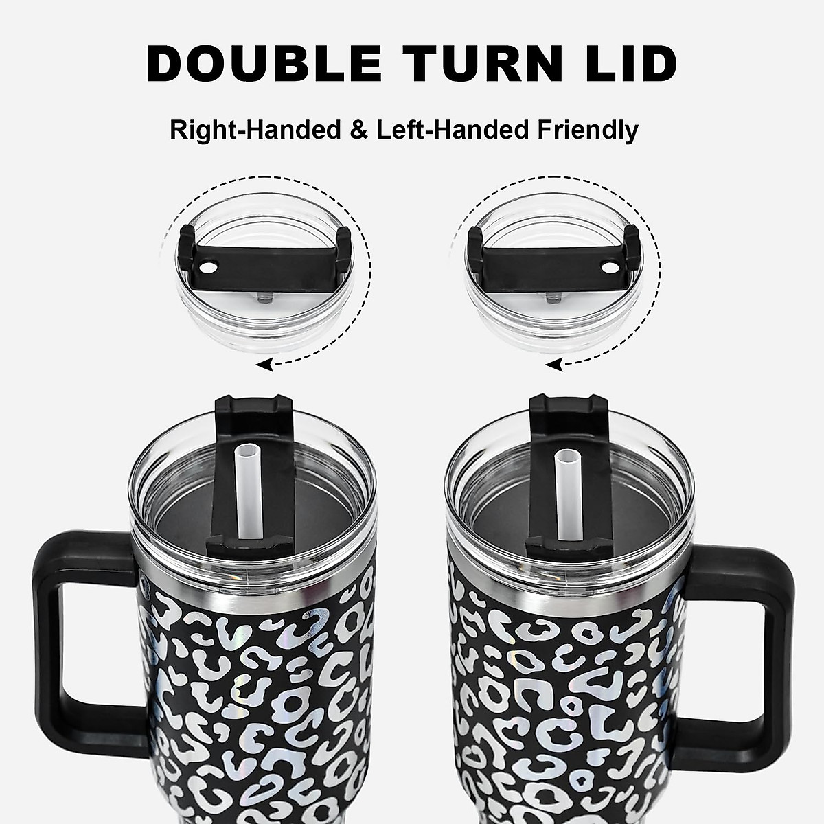 FECBK 40 oz Tumbler with Handle and Straw, 100% Leak-Proof Travel Mug, Stainless Steel Double Wall Vacuum Insulated Coffee Cup Keeps Cold For 34 Hours, Dishwasher Safe, BPA Free, Black Leopard