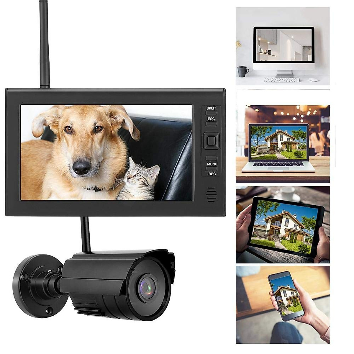 Outdoor Security Camera, Home Security Surveillance Camera, Night Vision, Motion Detection and Remote View with 4CH Surveillance Monitor System Display and TF Card (US Plug)