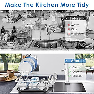 G-TING Dish Drying Rack, 2 Tier Detachable Dish Rack and Drainboard Set, Rust-Proof Drying Rack for Kitchen Counter, Large Capacity Dish Drainer with Utensils Holder and Cup Rack, Silver
