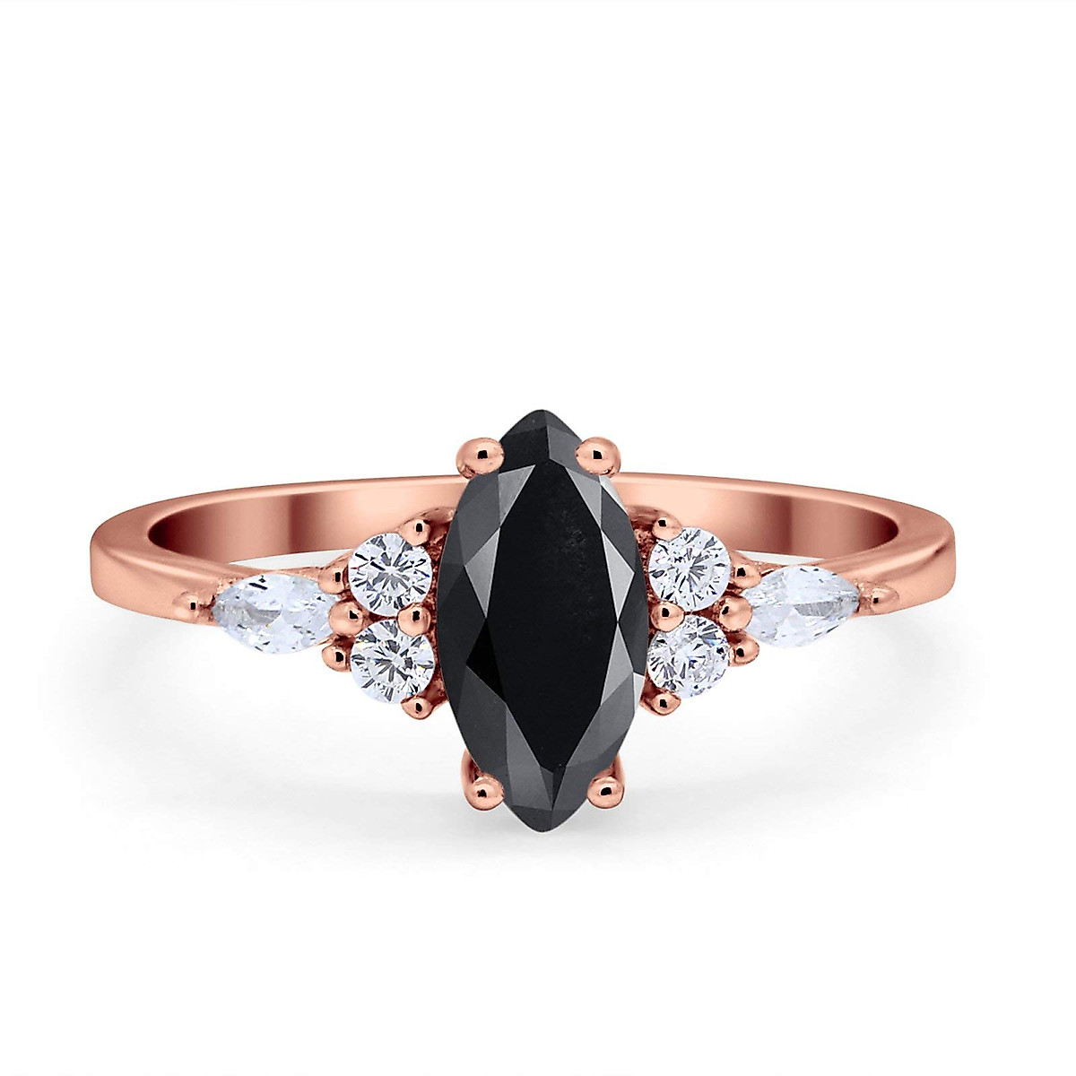 Blue Apple Co. Rose Tone, Simulated Black CZ Size-9 Art Deco Vintage Style Marquise Wedding Engagement Bridal Ring Round Simulated Cubic Zirconia 925 Sterling Silver