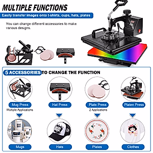 TOPDEEP 5 in 1 Heat Press Machine, 12x15 inch Swing Away Heat Press for Sublimation, T Shirt Pressing Machine Multifunction, Heat Press Transfer Machine Combo for T-Shirt Hat Cap Mug Plate Cap