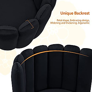 TUKAILAi Cute Petal Dining Chair, Modern Velvet Accent Chair with Shell Shaped Backrest, Thick Padded Seat and Black Metal Legs, Leisure Tub Chair for Kitchen Bedroom Living Room (Black)