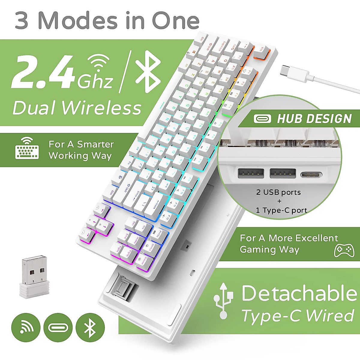 RK ROYAL KLUDGE RK87 Wireless Mechanical Keyboard, 75% TKL Hot Swappable RGB Bluetooth Gaming Keyboard Triple Mode BT5.1/2.4G/USB-C with 2 Detachable Frames, USB Hub, Clicky Blue Switch, White