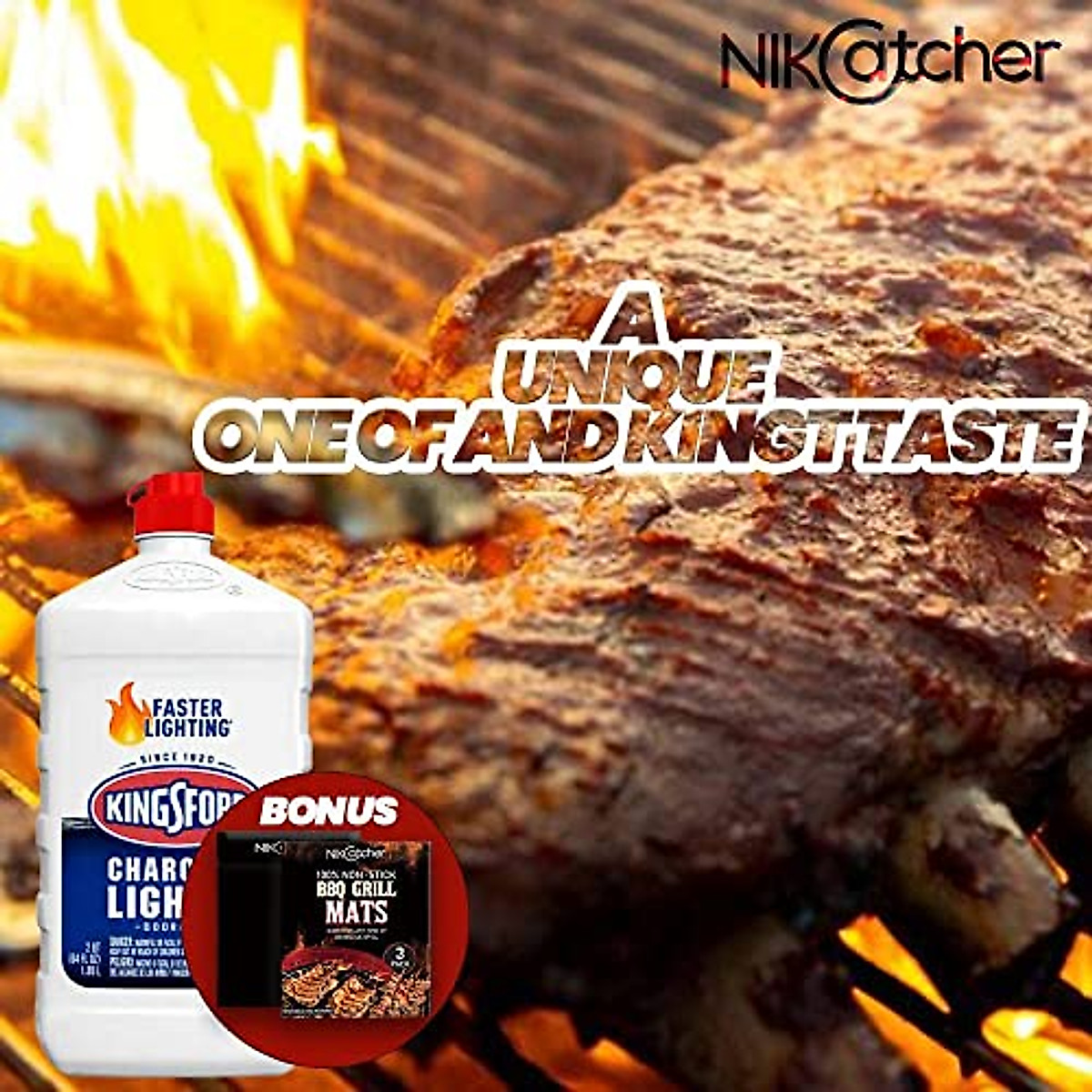 Kingsford Charcoal Lighter Fluid 64Oz with 3Pack NikCatcher Heavy Duty BBQ Grill Mats for Outdoor Grill - Non Stick, Reusable, and Easy to Clean