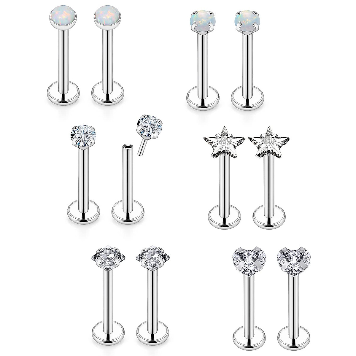 18G Threadless Push in Lip Rings Stainless Steel Labret Jewelry Monroe Lip Rings Nail Cartilage Tragus Helix Earrings Studs Nose Ring Medusa Piercing Jewelry For Women Men CZ Opal 18 Gauge 6MM Length