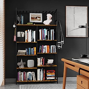 Iaocpio Double Wide 6 Tier Bookshelf, Bookshelves and Bookcases with 6 Hooks. Industrial Bookshelf for Living Room, Bedroom, and Home Office Brown.