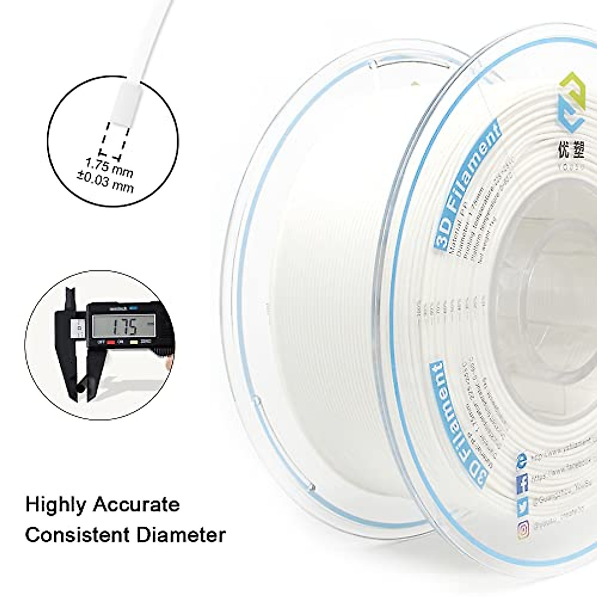 YOUSU Polypropylene PP Filament, 1.75mm 3D Printer Filament for FDM 3D Printers, 1kg (2.2lbs) 5 Pcs Build Sheet Included, Semi-Flexible Ultra Tough Filament, White