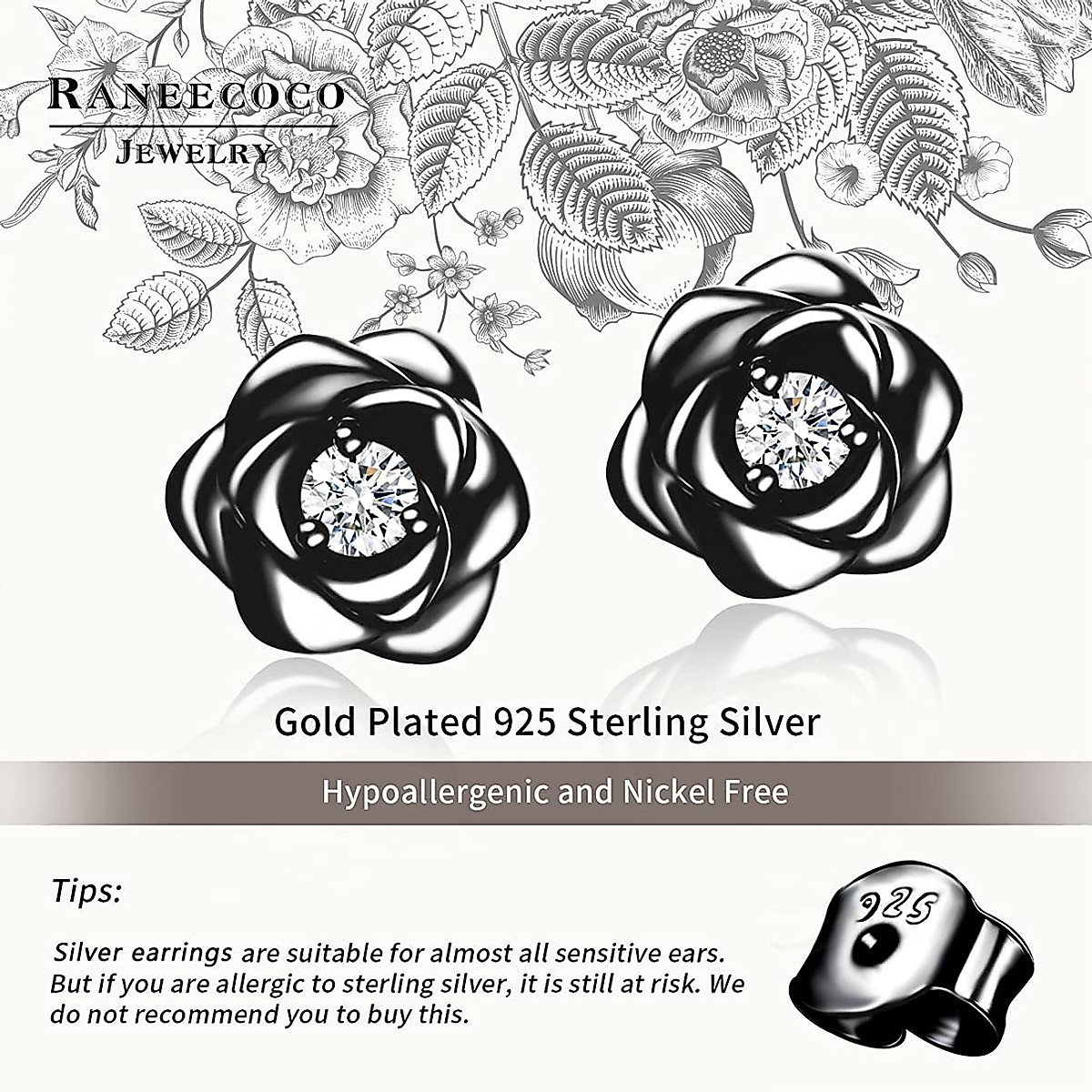 Black Gold Plated Sterling Silver Rose Flower Earring Studs, Hypoallergenic & Nickel Free Earrings for Women